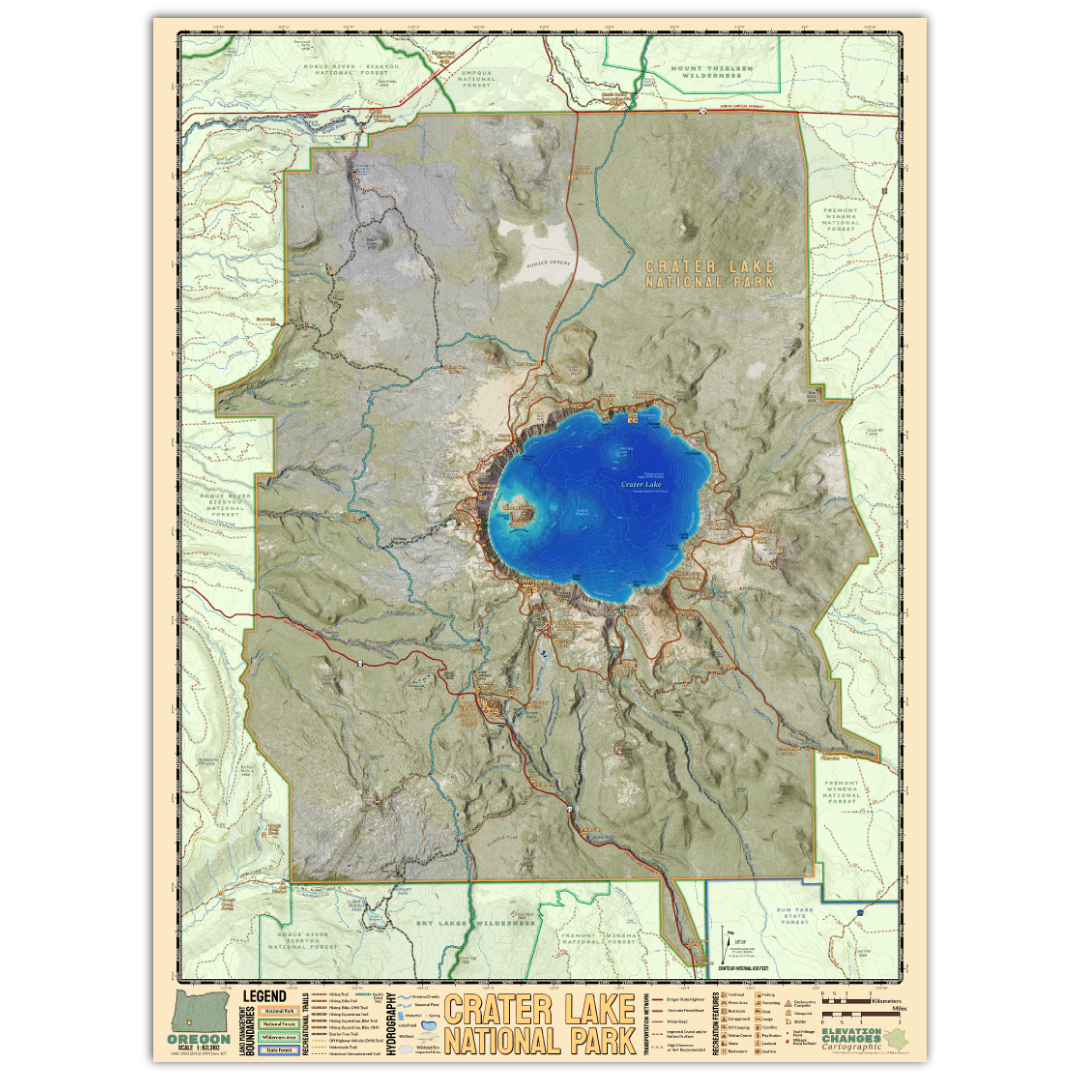 Crater Lake National Park Wall Map – Elevation Changes Cartographic