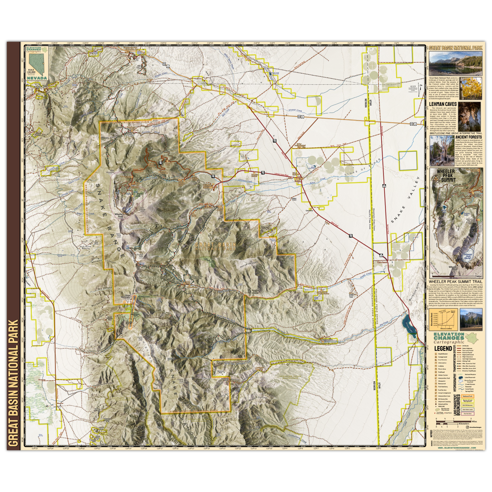 Great Basin National Park Visitor Map – Elevation Changes Cartographic